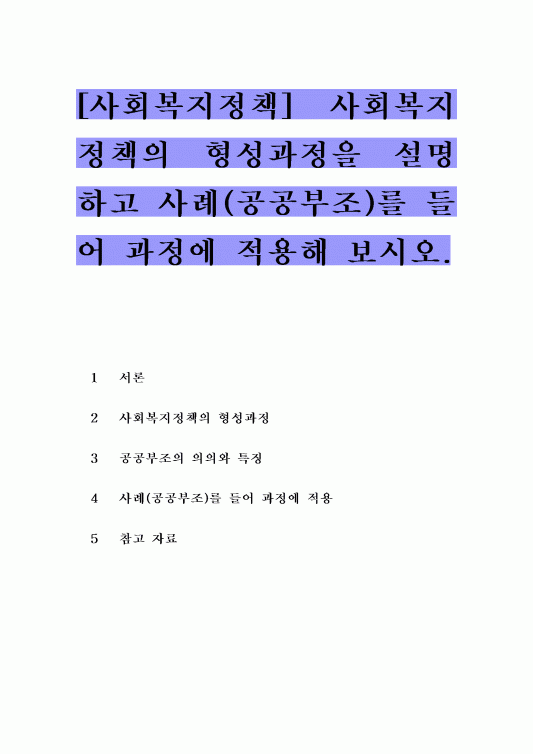 [사회복지정책] 사회복지정책의 형성과정을 설명하고 사례(공공부조)를 들어 과정에 적용해 보시오.