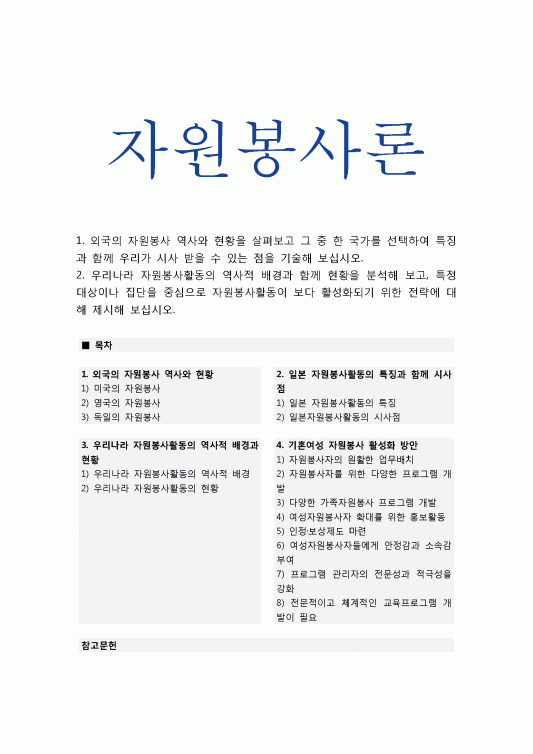 [자원봉사론] 일본, 기혼여성, 1. 외국의 자원봉사 역사와 현황, 일본자원봉사의 특징과 시사점 2. 우리나라 자원봉사활동의 역사적 배경 현황, 기혼여성자원봉사 활성화 방안