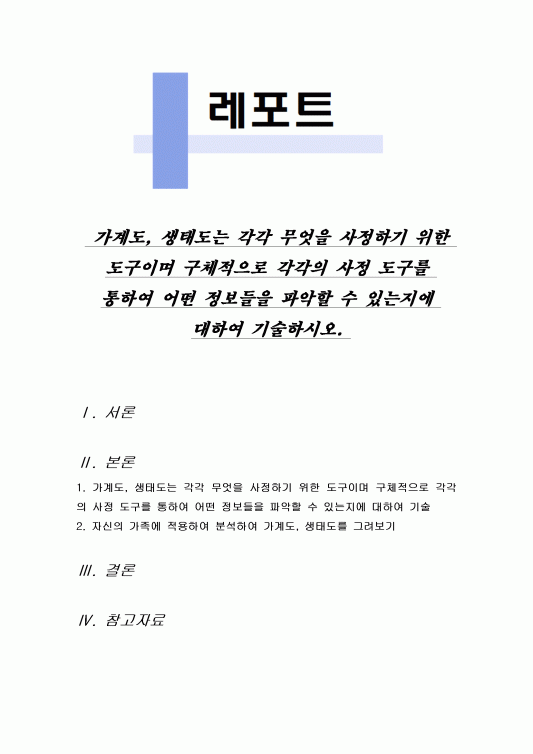 가계도, 생태도는 각각 무엇을 사정하기 위한 도구이며 구체적으로 각각의 사정 도구를 통하여 어떤 정보들을 파악할 수 있는지에 대하여 기술하시오