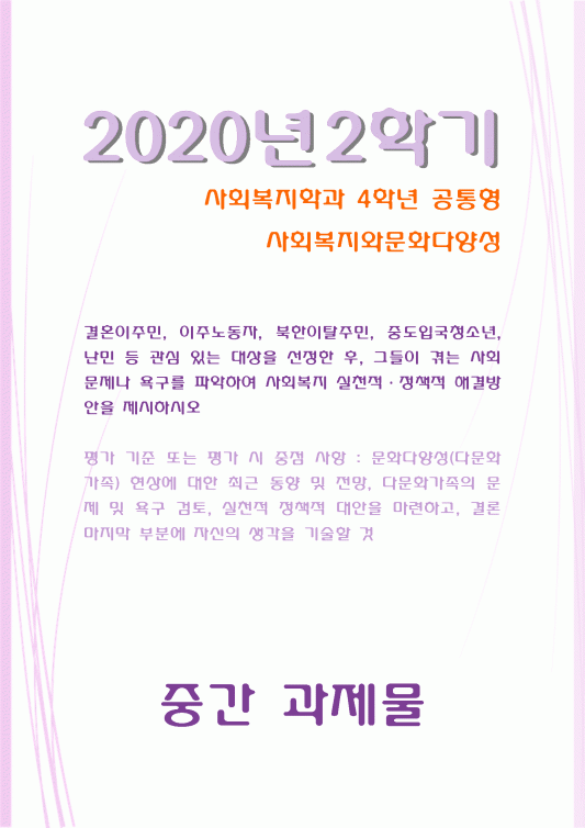 [2020 사회복지와문화다양성4공통] 결혼이주민, 이주노동자, 북한이탈주민, 중도입국청소년, 난민 등 관심 있는 대상을 선정한 후, 그들이 겪는 사회문제나 욕구를 파악하여 사회복지 실천적ㆍ정책적 해결방안을 제시하시오