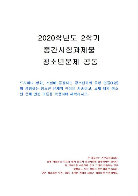 2020년 2학기 청소년문제 중간시험과제물 공통(청소년 문제의 특성, 청소년 관련 이론)