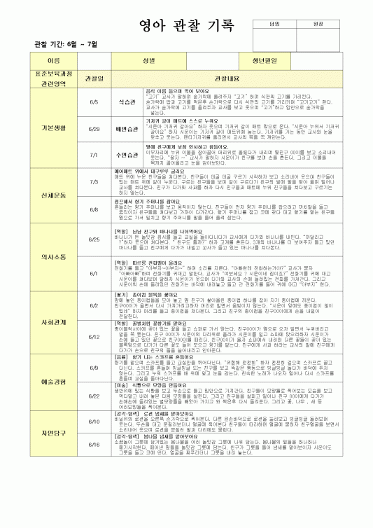 영아관찰기록 6-8월