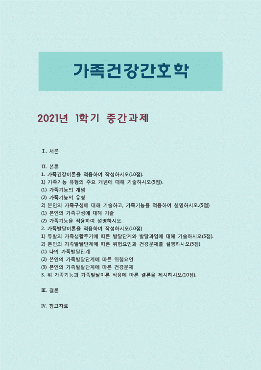 [간호학과] [가족건강간호학] 1. 가족건강이론 1) 가족기능 유형의 주요 개념 2) 본인의 가족구성에 대해 기술하고, 가족기능을 적용하여 설명 2. 가족발달이론 1) 듀발의 가족생활주기에 따른 발달단계와 발달과업 2) 본인의 가족발달단계에 따른 위험요인과 건강문제 3. 위 가족기능과 가족발달이론 적용에 따른 결론을 제시