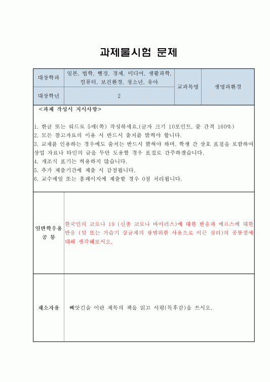 [생명과 환경]A+레포트, 한국인의 코로나 19 (신종 코로나 바이러스)에 대한 반응과 메르스에 대한 반응 (및 또는 가습기 살균제의 광범위한 사용으로 이끈 심리)의 공통점에 대해 생각해보시오.