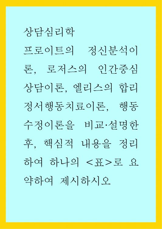 상담심리학 ) 프로이트의 정신분석이론, 로저스의 인간중심 상담이론, 엘리스의 합리정서행동치료이론, 행동수정이론을 비교·설명한 후, 핵심적 내용을 정리하여 하나의 표로 요약하여 제시하시오