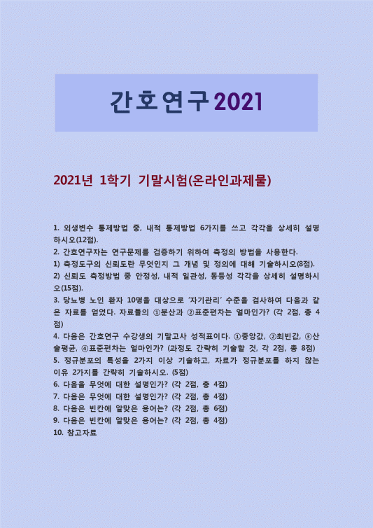 간호연구 2021년 1학기 기말시험(온라인과제물)