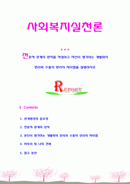 [사회복지실천론] 전문적 관계의 원칙을 작성하고 자신이 생각하는 개별화의 원리와 수용의 원리의 차이점을 설명하시오