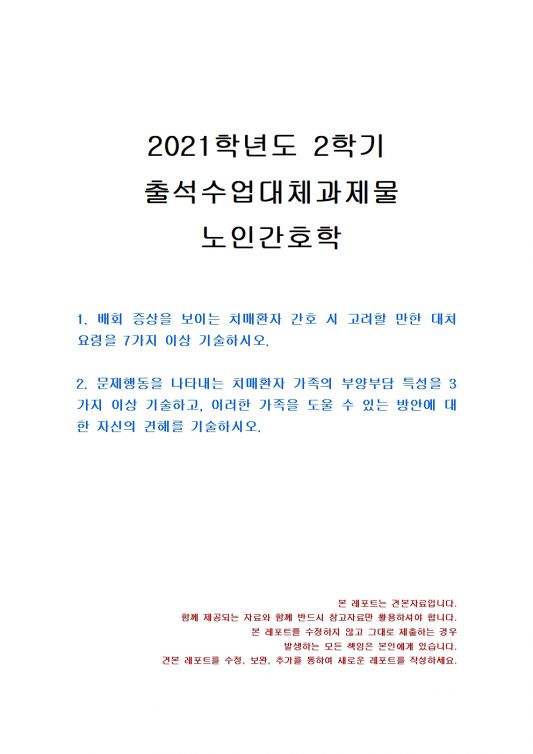 2021년 2학기 노인간호학 출석수업대체시험 과제물(배회 증상을 보이는 치매환자 대처요령)