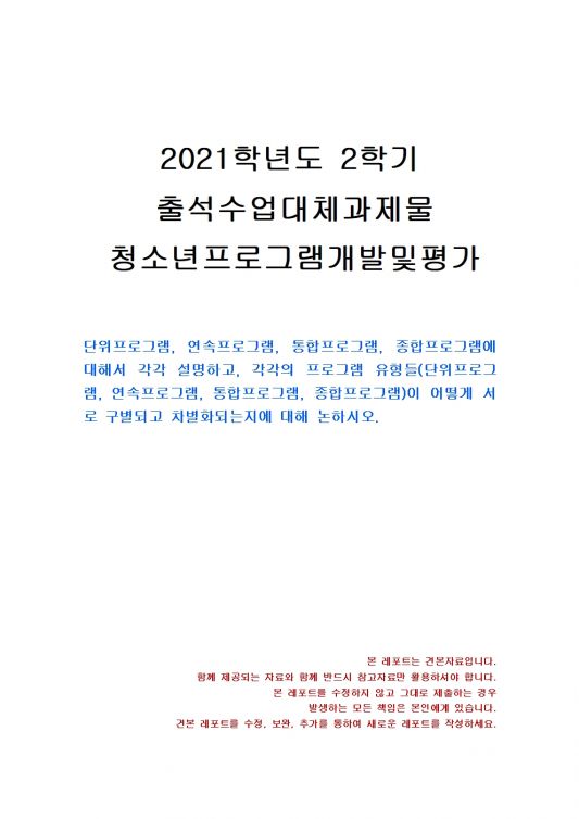 2021년 2학기 청소년프로그램개발및평가 출석수업대체시험 과제물(각각의 프로그램 유형들)