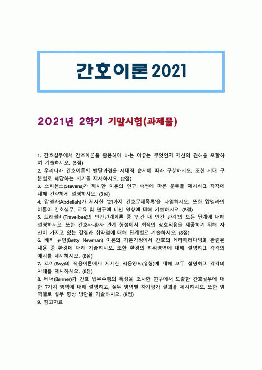 [간호이론 2021 기말과제] 1. 간호실무에서 간호이론을 활용해야 하는 이유 2. 우리나라 간호이론의 발달과정 3. 스티븐스가 제시한 이론 4. 압델라가 제시한 21가지 간호문제목록 5. 트래블비의 인간관계이론 6. 베티 뉴먼 이론 7. 로이의 적응이론 8. 베너가 간호 업무수행의 특성을 조사한 연구