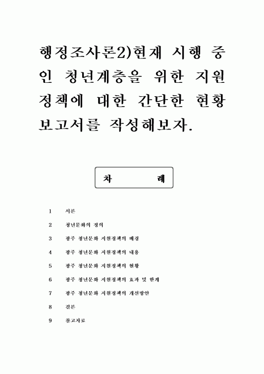 행정조사론2)현재 시행 중인 청년계층을 위한 지원 정책에 대한 간단한 현황보고서를 작성해보자.