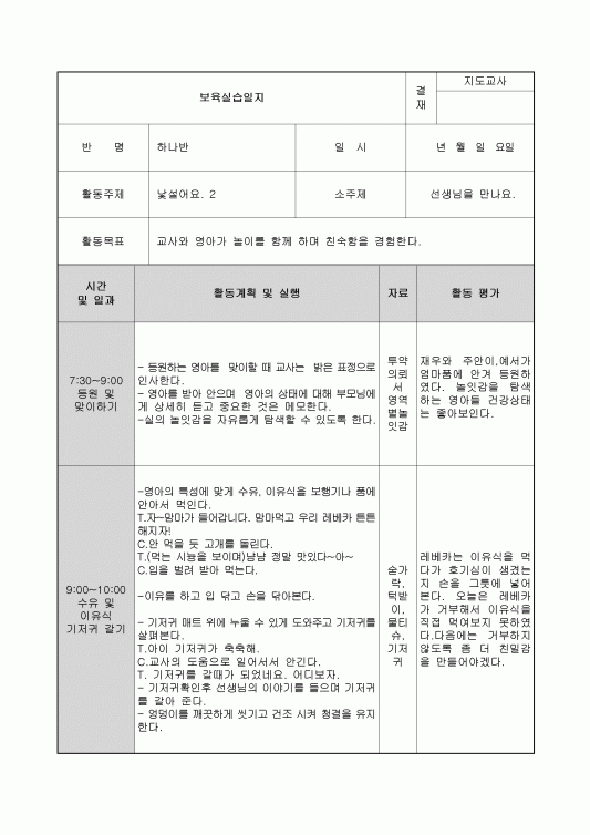 0세반 보육실습일지 오전실내자유놀이 꾹꾹 손가락 찍기