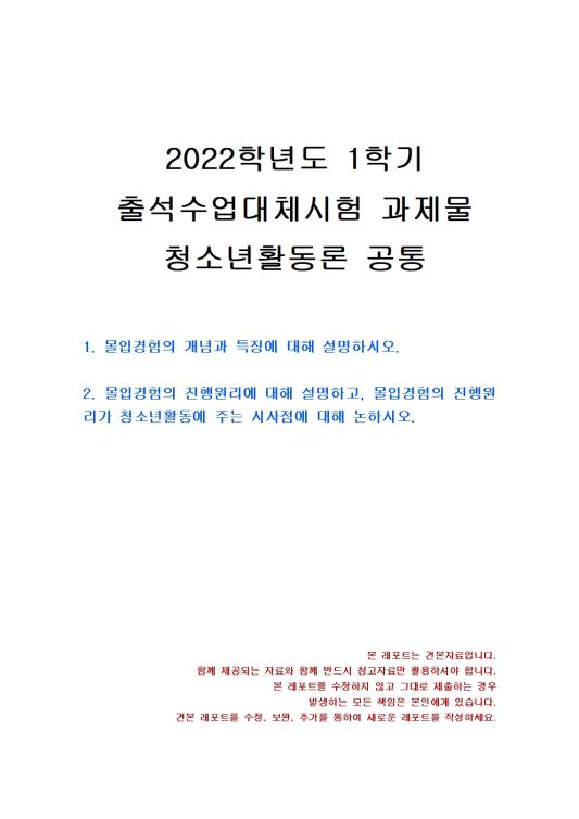 2022년 1학기 청소년활동론 출석수업대체시험 과제물(몰입경험의 개념과 특징, 진행원리)