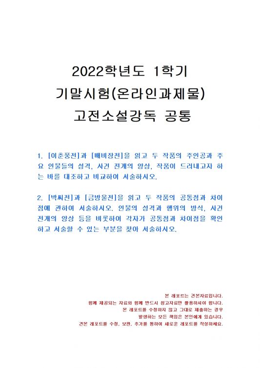 2022년 1학기 고전소설강독 기말시험 과제물(이춘풍전, 배비장전, 박씨전, 금방울전)