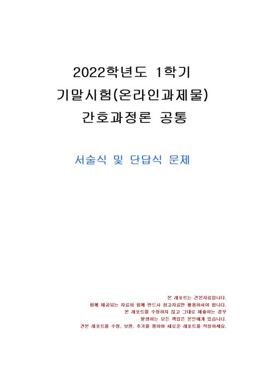 2022년 1학기 간호과정론 기말시험 과제물(서술식 및 단답식 문제)