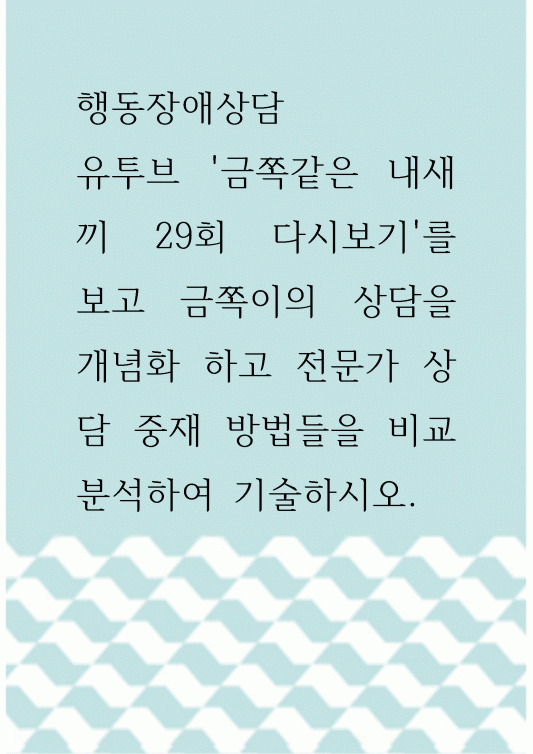 행동장애상담 ) 유투브 금쪽같은 내새끼 29회 다시보기를 보고 금쪽이의 상담을 개념화 하고 전문가 상담 중재 방법들을 비교분석하여 기술하시오