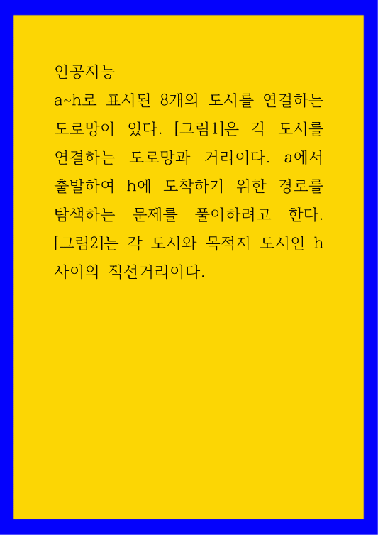 인공지능 ) a-h로 표시된 8개의 도시를 연결하는 도로망이 있다 각 도시를 연결하는 도로망과 거리이다 a에서 출발하여 h에 도착하기 위한 경로를 탐색하는 문제를 풀이하려고 한다