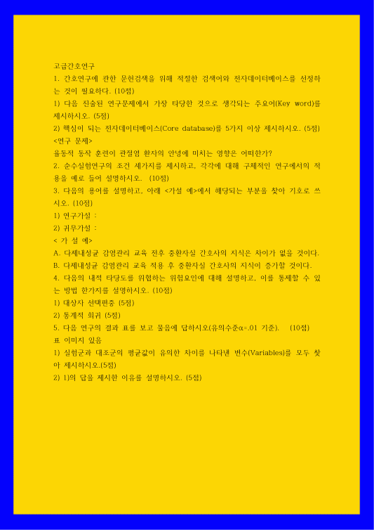 고급간호연구 ) 다음 진술된 연구문제에서 가장 타당한 것으로 생각되는 주요어(Key word)를 제시하시오 핵심이 되는 전자데이터베이스(Core database)를 5가지 이상 제시하시오