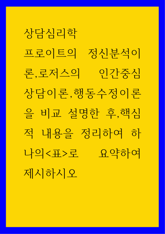 상담심리학 ) 프로이트의 정신분석이론,로저스의 인간중심 상담이론,행동수정이론을 비교 설명한 후,핵심적 내용을 정리하여 하나의 표로 요약하여 제시하시오