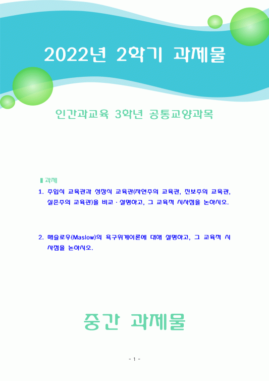 [2022 인간과교육][출처표기] 1. 주입식 교육관과 성장식 교육관(자연주의 교육관, 진보주의 교육관, 실존주의 교육관)을 비교·설명하고, 그 교육적 시사점을 논하시오. 2. 매슬로우(Maslow)의 욕구위계이론에 대해 설명하고, 그 교육적 시사점을 논하시오.