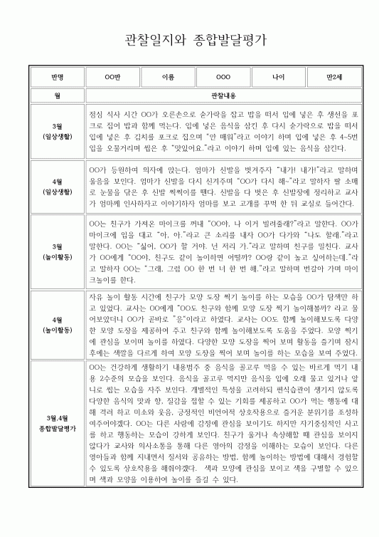 만2세 3월 4월 관찰일지 5명분량 (관찰내용/해석 있음)