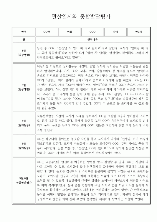 만2세 5월 6월 관찰일지 5명분량 (관찰내용/해석 있음)