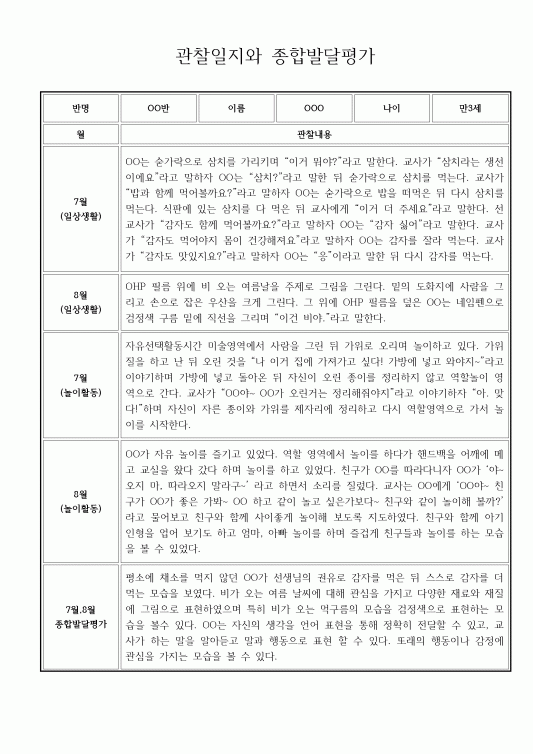 7월 8월 만3세 유아 놀이활동,일상생활 영역별 관찰일지