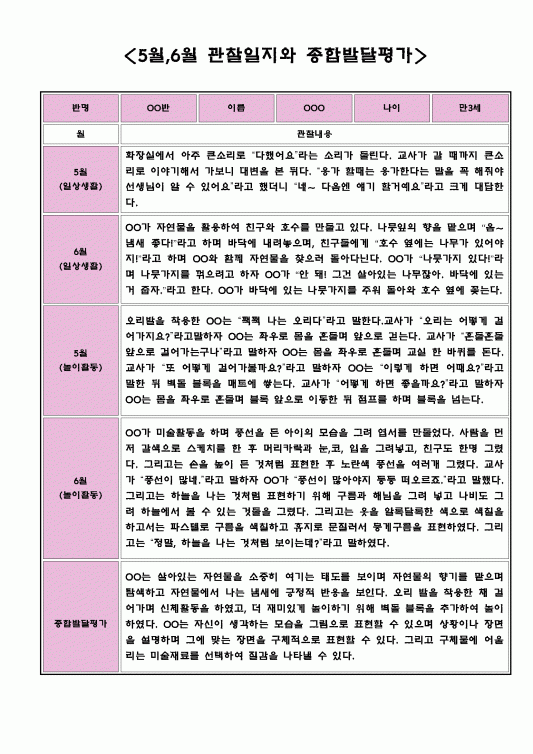 5월 6월 만3세반 관찰일지 (매달 놀이일상영역 관찰 및 해석)