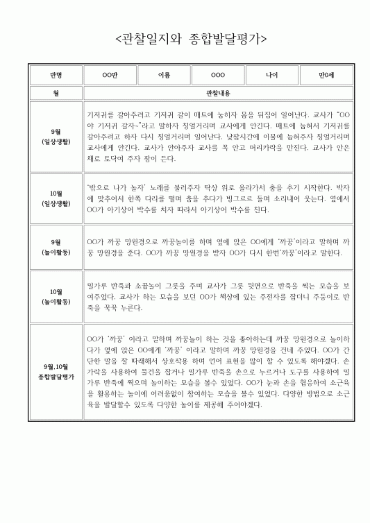 만0세 9월 10월 관찰일지 - 일상생활/놀이활동 관찰일지와 발달평가 5명