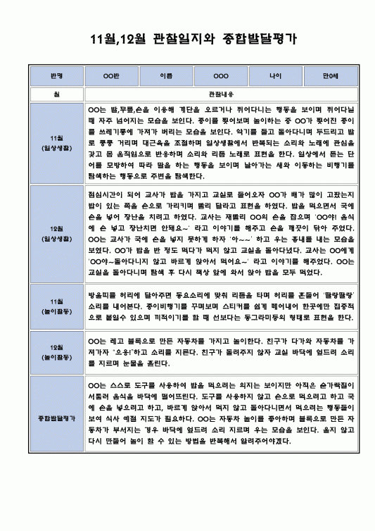 만0세 11월 12월 관찰일지 (관찰일지와 발달종합평가 5명 분량)