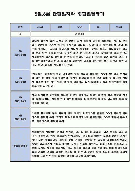 5월 6월 만0세 영아 관찰일지 (영아전담 어린이집 관찰일지)