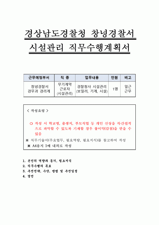 경상남도경찰청 창녕경찰서 시설관리 직무수행계획서