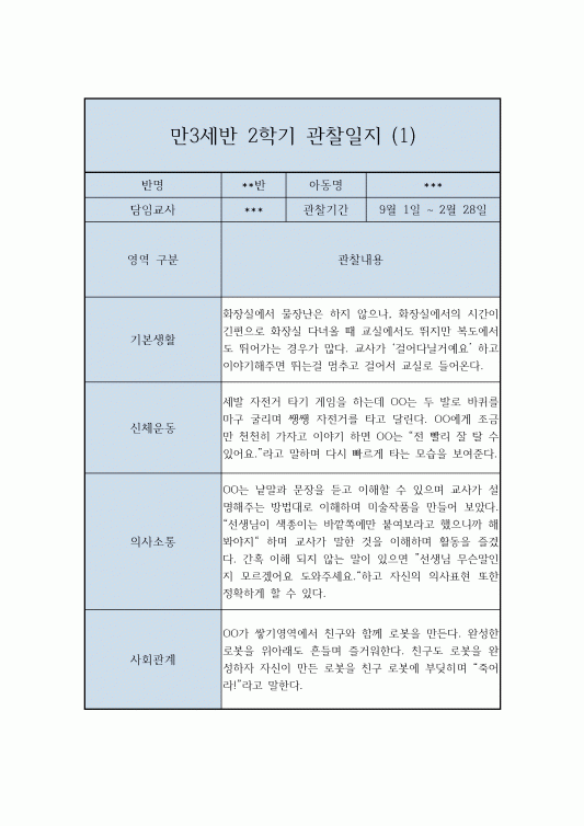 만3세 유아 행동 관찰일지 5명분 (2학기/ 10페이지)