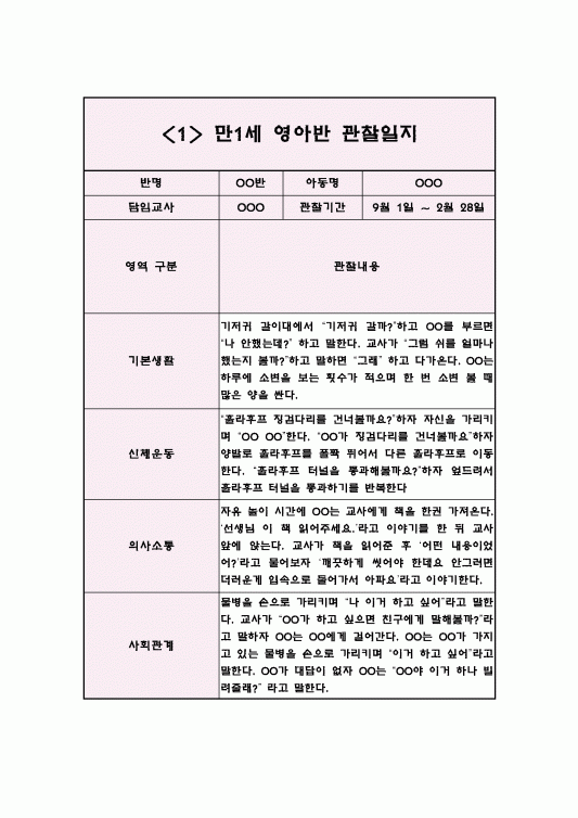 영아관찰일지 아동관찰일지 - 만1세 2학기 (5명 10Page)