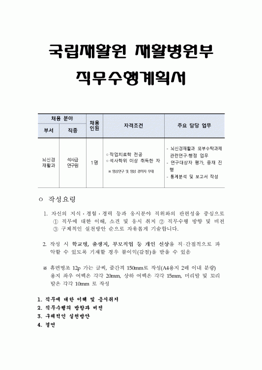 국립재활원 재활병원부 연구원 직무수행계획서