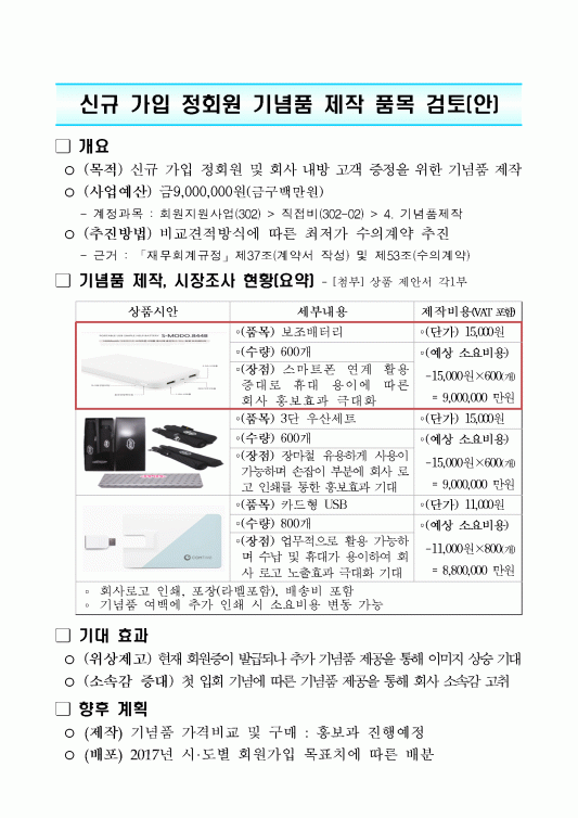 회사 기념품 제작 기획안 품목 비교견적