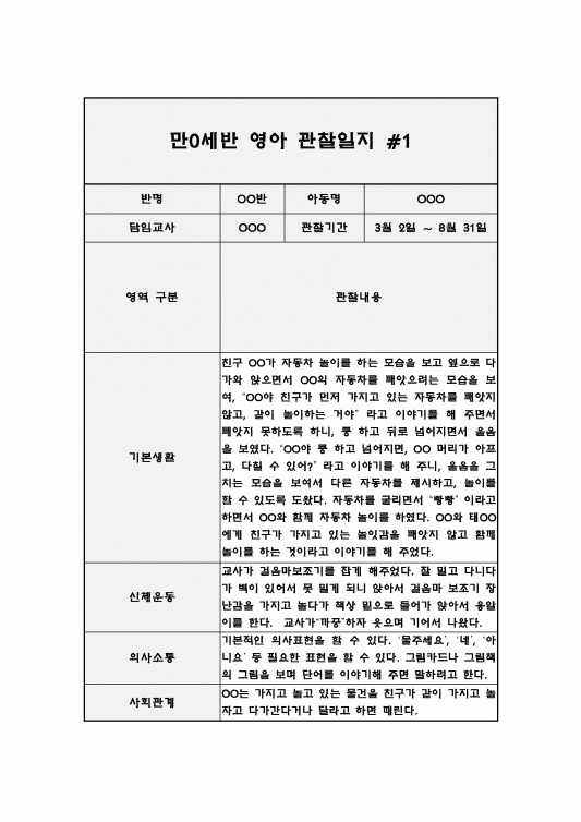 만0세 1년 영역별 관찰일지 (아주 자세합니다,발달평가 포함 관찰일지)