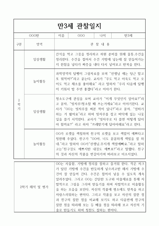 2022,2023년 2학기 만3세 관찰일지 및 평가 (5명분량 관찰일지,매우 자세합니다)