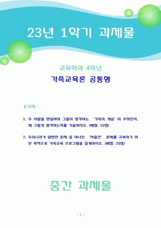 [2023 가족교육론] 1. 두 사람을 면담하여 그들이 생각하는 ‘가족의 개념’이 무엇인지, 왜 그렇게 생각하는지를 기술하시오. 2. 우리나라가 당면한 문제 중 하나인 ‘저출산’ 문제를 극복하기 위한 목적으로 가족교육 프로그램을 설계하시오.