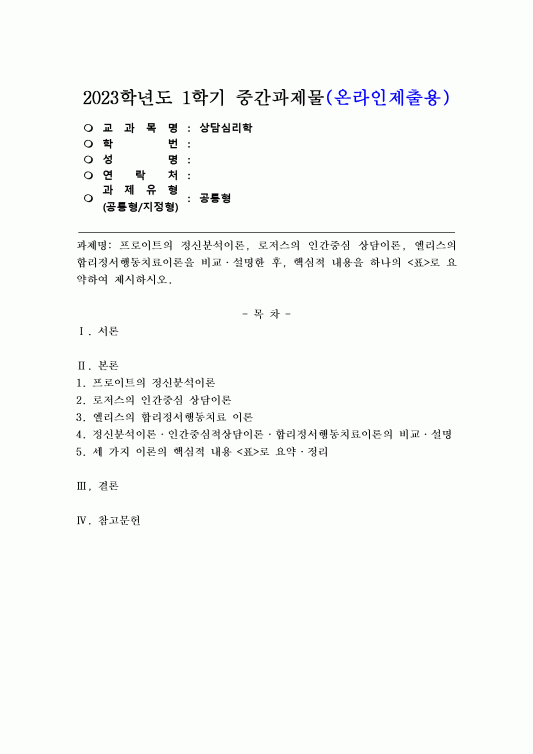 (상담심리학 공통) 프로이트의 정신분석이론, 로저스의 인간중심 상담이론, 엘리스의 합리정서행동치료이론을 비교·설명한 후, 핵심적 내용을 하나의 <표>로 요약하여 제시하시오.