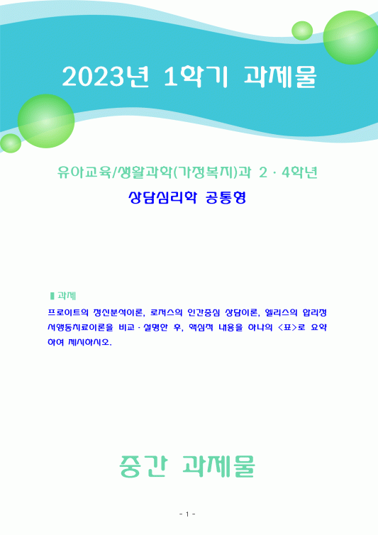 [2023 상담심리학] 프로이트의 정신분석이론, 로저스의 인간중심 상담이론, 엘리스의 합리정서행동치료이론을 비교·설명한 후, 핵심적 내용을 하나의 <표>로 요약하여 제시하시오.