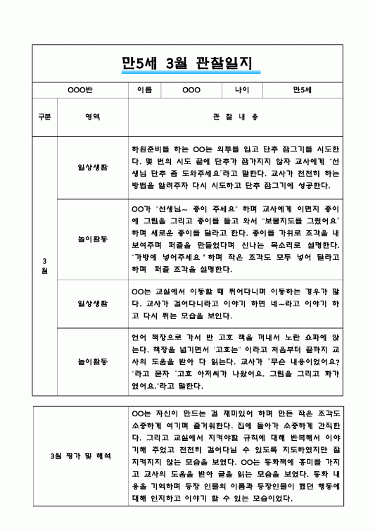 만5세 3월 관찰일지 5명  평가와 해석 포함 관찰일지  평가인증 통과 관찰일지