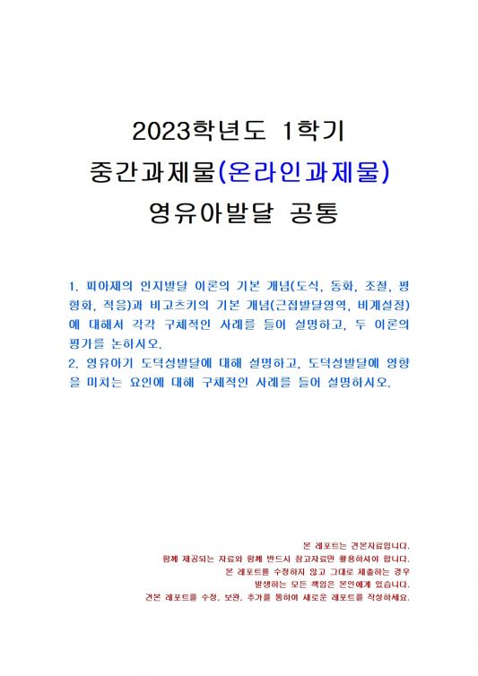 2023년 1학기 영유아발달 중간시험과제물 공통(피아제, 비고츠키 개념, 도덕성발달 요인)