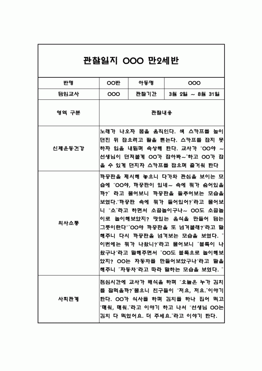 만2세 1년치 (3월~2월) 관찰일지 (5개영역 관찰일지+총평) (12페이지 분량 관찰일지)