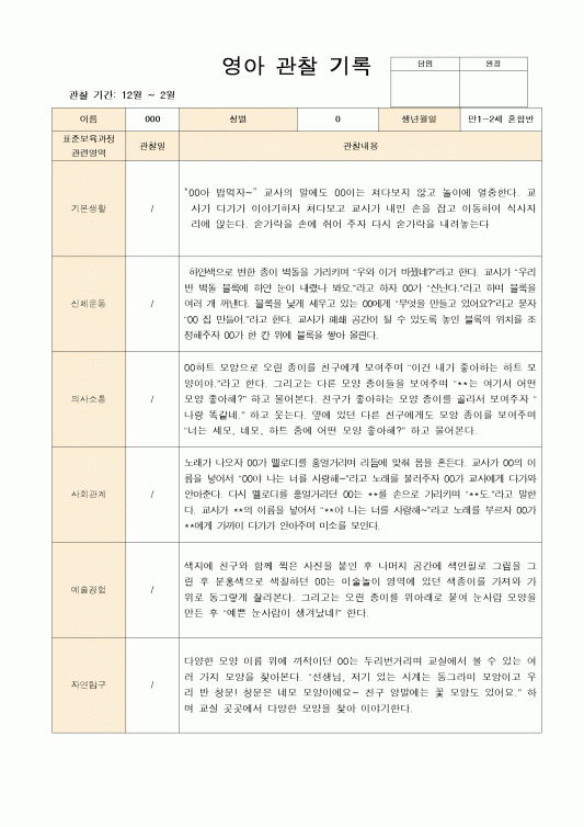 만1-2세 혼합반  9명 관찰일지 12월-2월