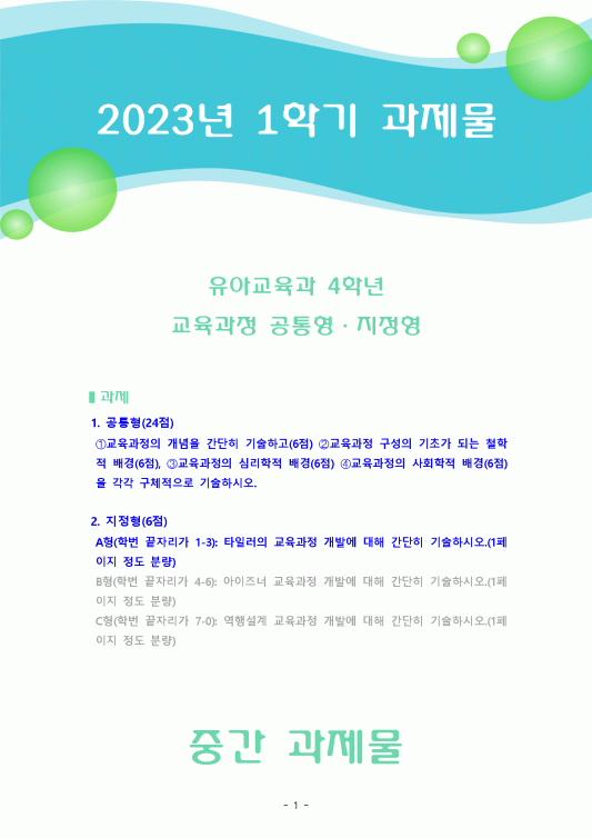 [2023 교육과정][공통형, A형] 1. 공통형 ➀교육과정의 개념을 간단히 기술하고 ➁교육과정 구성의 기초가 되는 철학적 배경, ➂교육과정의 심리학적 배경 ➃교육과정의 사회학적 배경을 각각 구체적으로 기술하시오. 2. 지정형 A형 타일러의 교육과정 개발에 대해 간단히 기술하시오.