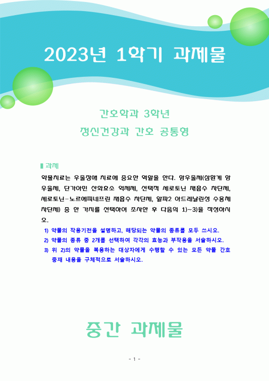 [2023 정신건강과간호]  약물치료는 우울장애 치료에 중요한 역할을 한다. 항우울제(삼환계 항우울제, 단가아민 산화효소 억제제, 선택적 세로토닌 재흡수 차단제, 세로토닌-노르에피네프린 재흡수 차단제, 알파2 아드레날린성 수용체 차단제) 중 한 가지를 선택하여 조사한 후 다음의 1)~3)을 작성하시오. 1)약물의 작용기전을 설명하고, 해당되는 약물의 종류를 모두 쓰시오. 2)약물의 종류 중 2개를 선택하여 각각의 효능과 부작용을 서술하시오. 3)위 2)