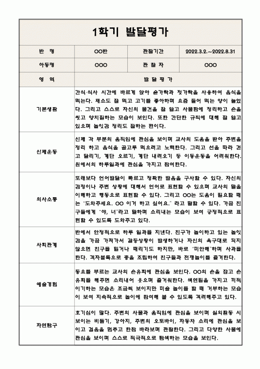 만1세 평가제 통과 영아 발달평가 1학기 (2022년 3월~8월)