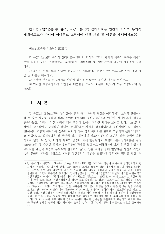 청소년상담2공통 칼 융C Jung의 분석적 심리치료는 인간의 의식과 무의식 세계페르소나 아니마 아니무스 그림자에 대한 개념 및 이론을 제시하시오00