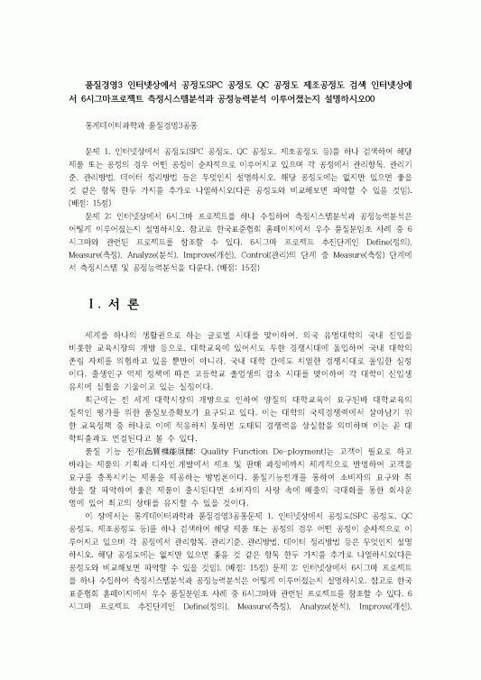 품질경영3 인터넷상에서 공정도SPC 공정도 QC 공정도 제조공정도 검색 인터넷상에서 6시그마프로젝트 측정시스템분석과 공정능력분석 이루어졌는지 설명하시오00